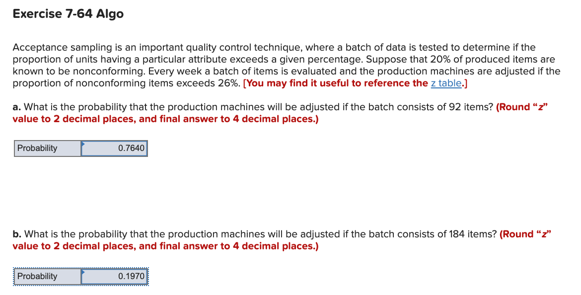 Solved Exercise 7-64 Algo Acceptance sampling is an | Chegg.com