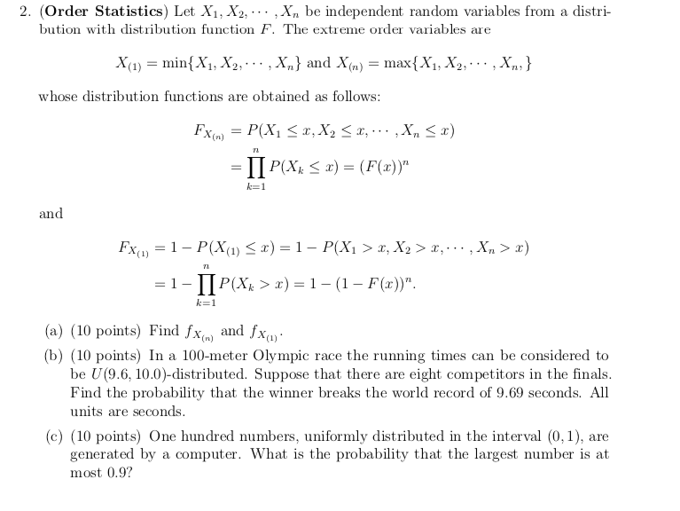 Solved 2. (Order Statistics) Let X1, X2, -.. ,Xn be | Chegg.com