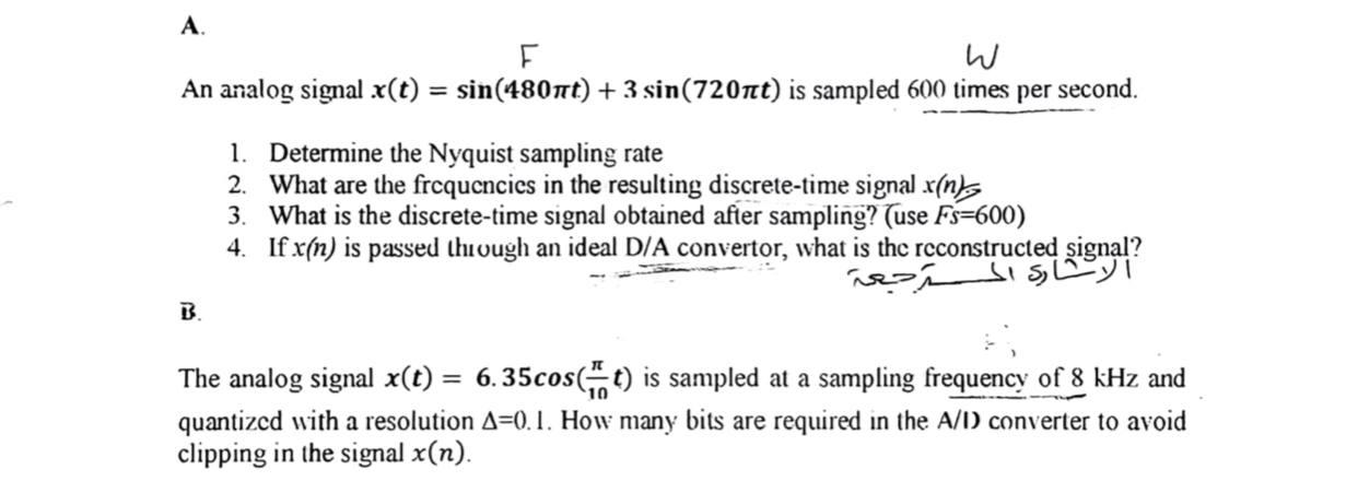 Solved A An analog signal x(t) = sin(480nt) + 3 sin(720nt) | Chegg.com