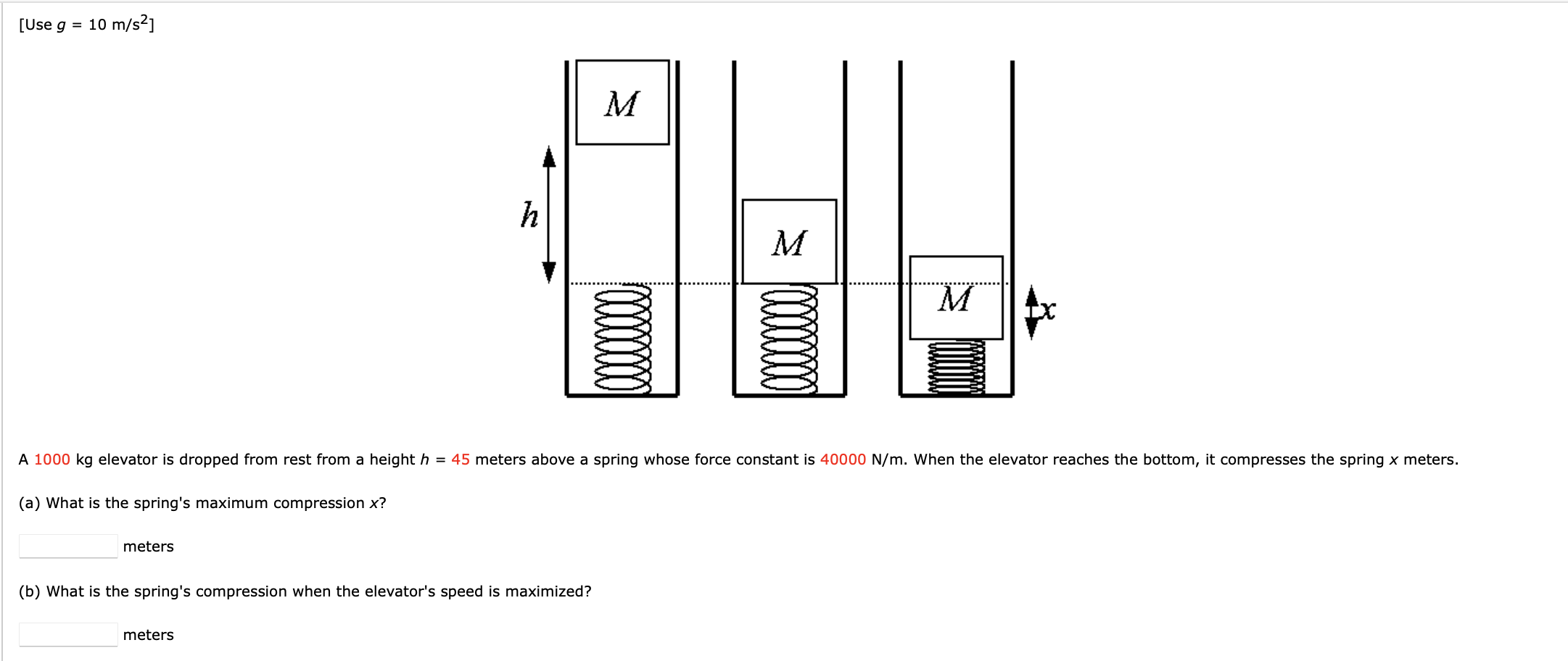 Solved [Use g = 10 m/s2] M h A 1000 kg elevator is dropped | Chegg.com
