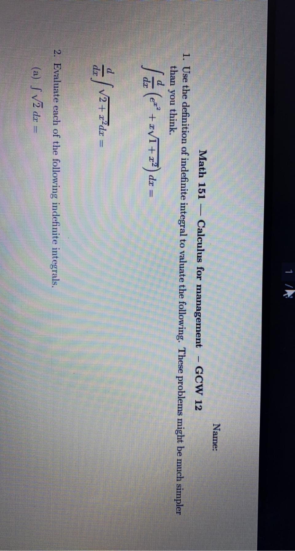 Solved 1 / Name: Math 151 Calculus for management - GCW 12 | Chegg.com