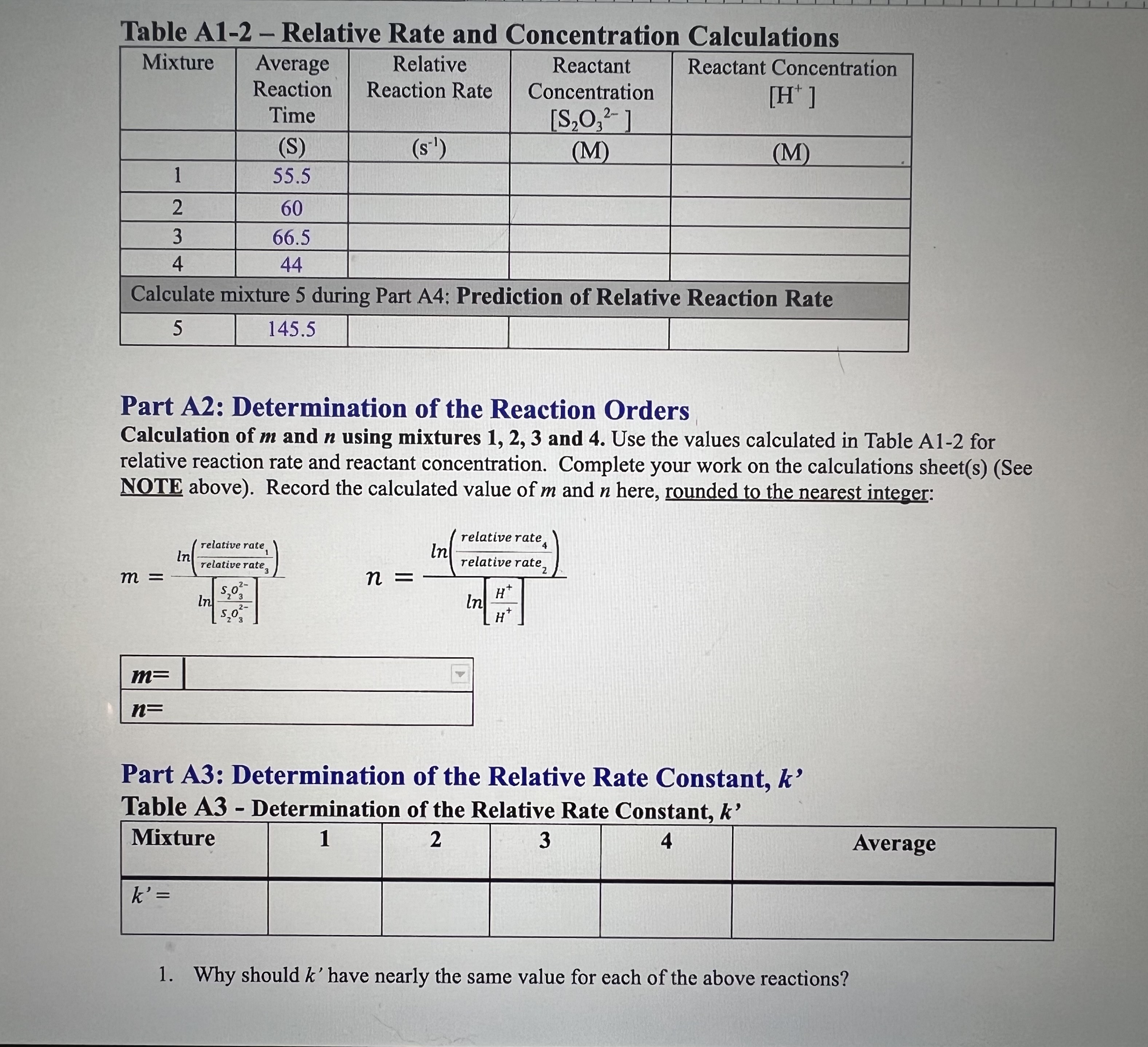 Table A1-2 - Relative Rate and Concentration | Chegg.com