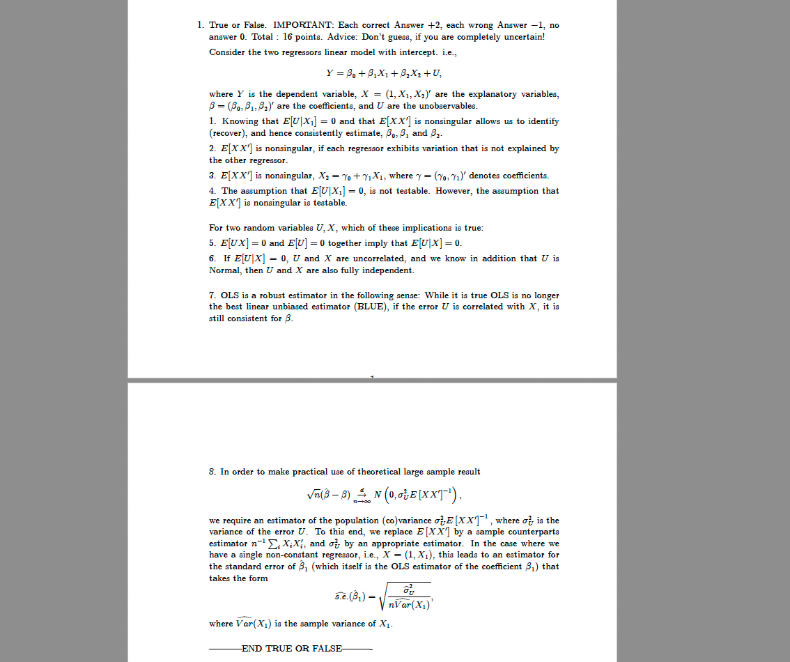 Solved 1. True or False. IMPORTANT: Each correct Answer +2, | Chegg.com