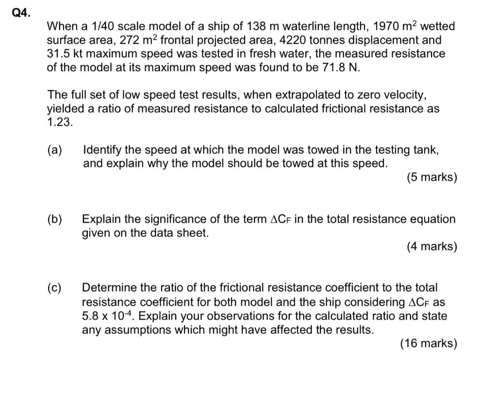 When a 1/40 scale model of a ship of 138 m waterline | Chegg.com