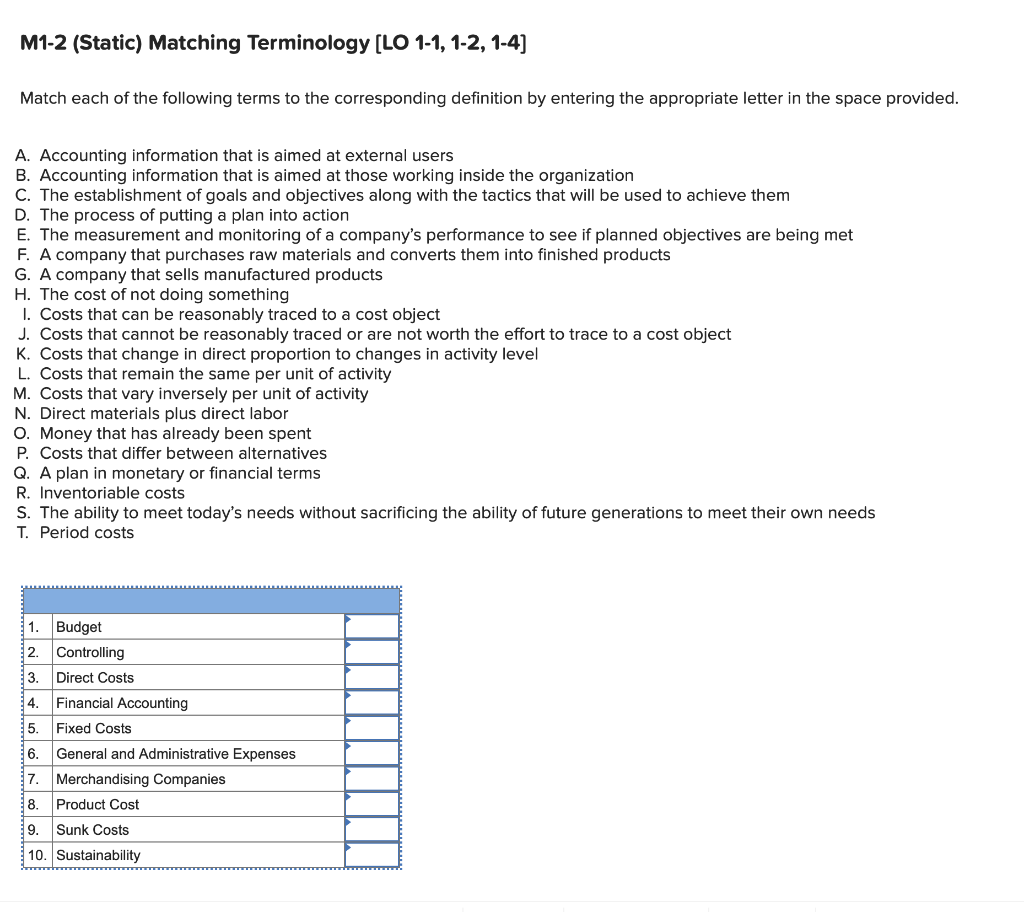 Solved M1-2 (Static) Matching Terminology (LO 1-1, 1-2, 1-4) | Chegg.com