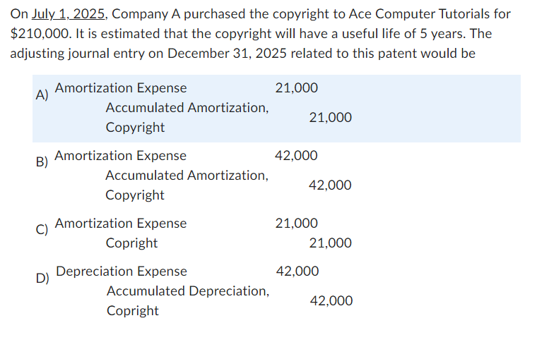 Solved On July 1,2025, Company A purchased the copyright to | Chegg.com
