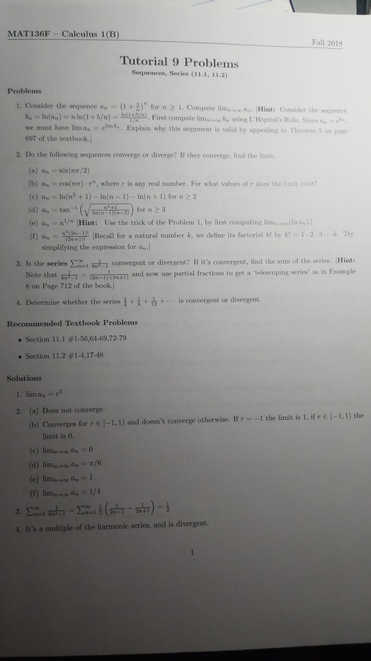 Solved MAT136F- Calculus 1(B) Fall 2018 Tutorial 9 Problems | Chegg.com