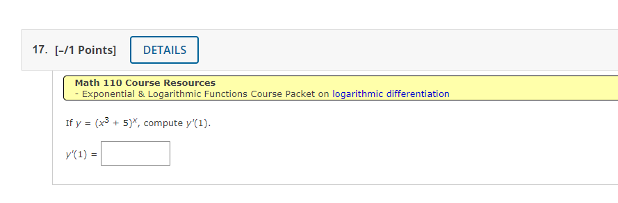 Solved 17. [-/1 Points) DETAILS Math 110 Course Resources | Chegg.com