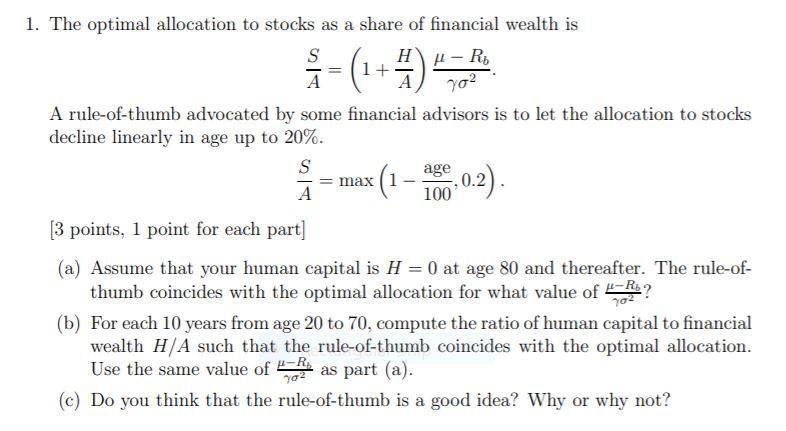 702 1. The optimal allocation to stocks as a share of | Chegg.com