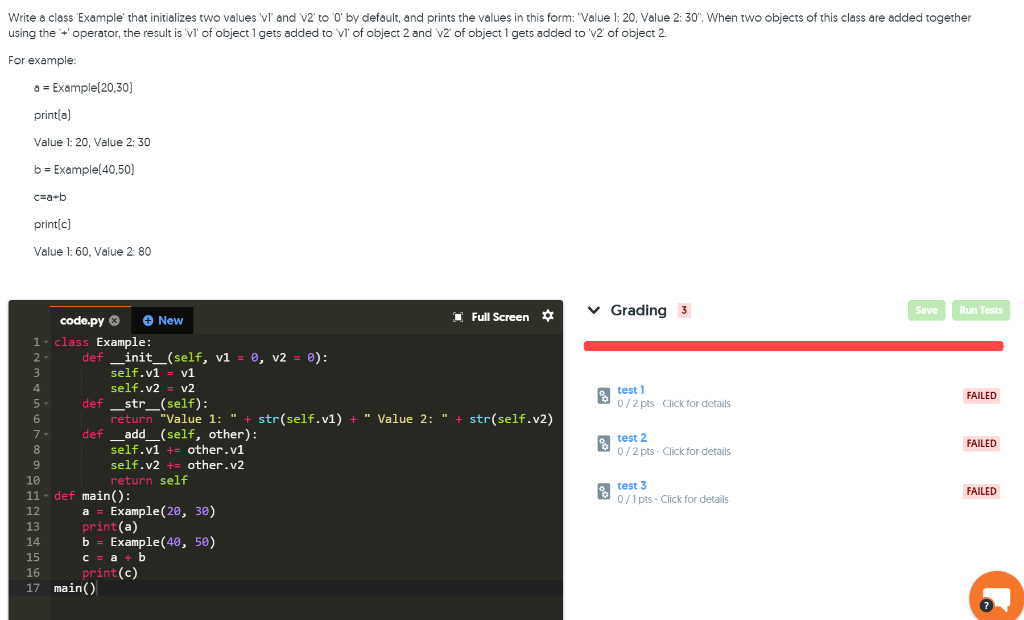 Solved Write a class 'Example that initializes two values | Chegg.com