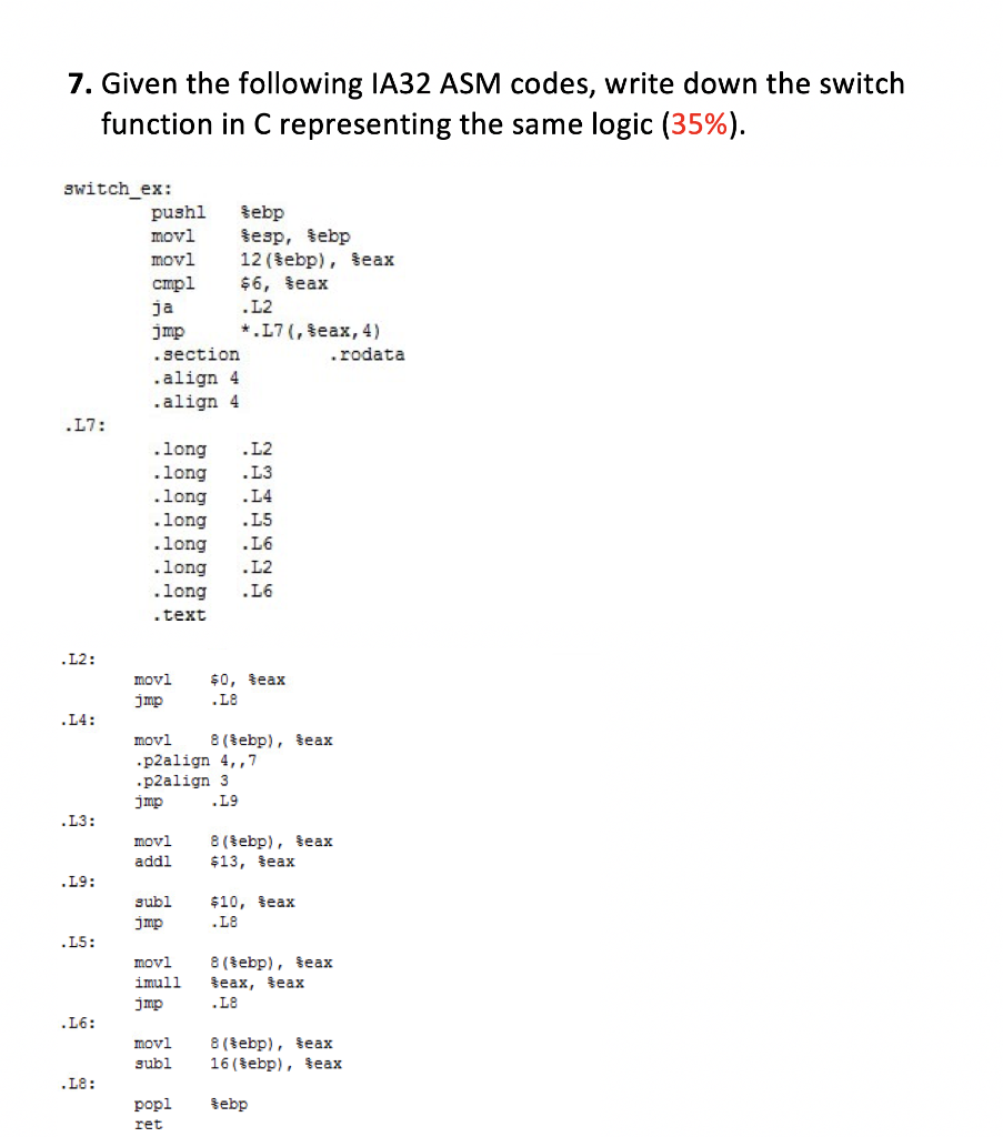 7 Given The Following Ia32 Asm Codes Write Down The