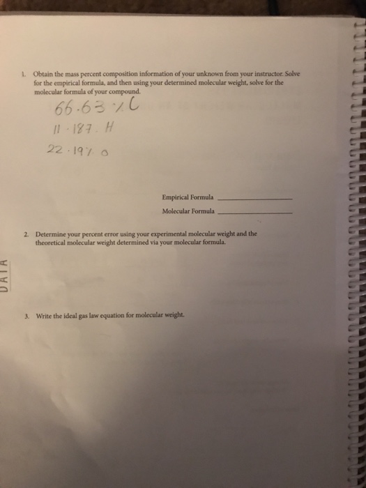 Solved EXPERIMENT 11 MOLECULAR WEIGHT OF AN UNKNOWN VOLATILE | Chegg.com