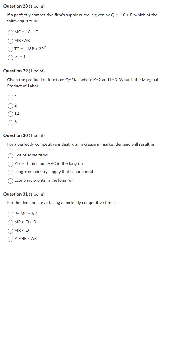 Solved Question 28 (1 ﻿point)If a perfectly competitive | Chegg.com