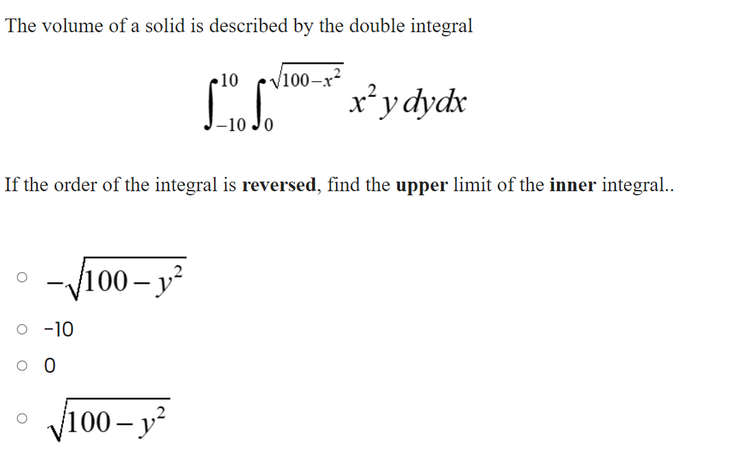 Solved The volume of a solid is described by the double | Chegg.com