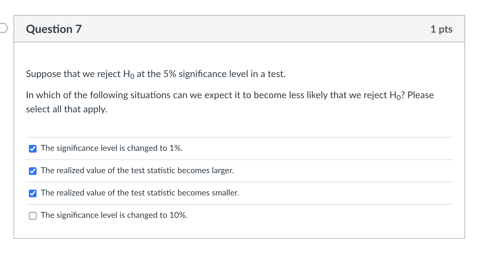 Solved Question 7 1 pts Suppose that we reject Ho at the 5% | Chegg.com