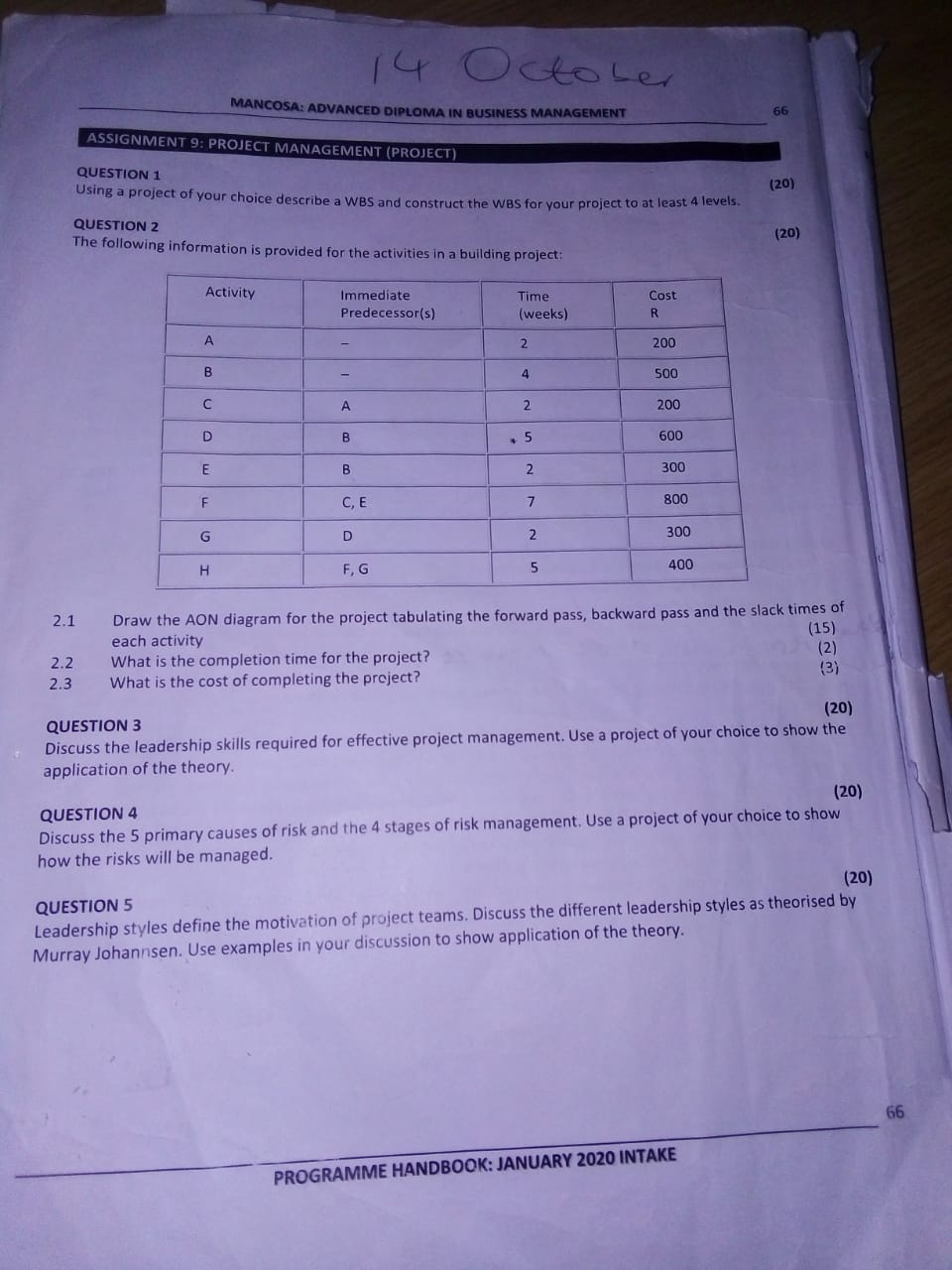 Solved 14 October MANCOSA: ADVANCED DIPLOMA IN BUSINESS | Chegg.com