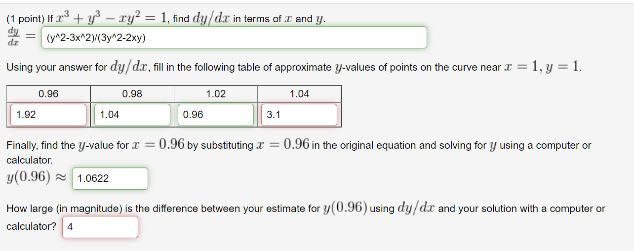 Solved (1 point) If x3+y3−xy2=1, find dy/dx in terms of x | Chegg.com