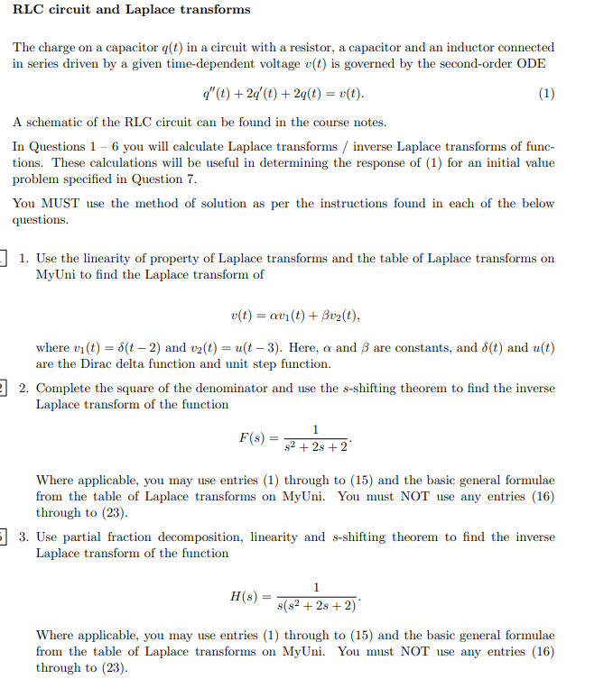 Solved RLC circuit and Laplace transforms The charge on a | Chegg.com