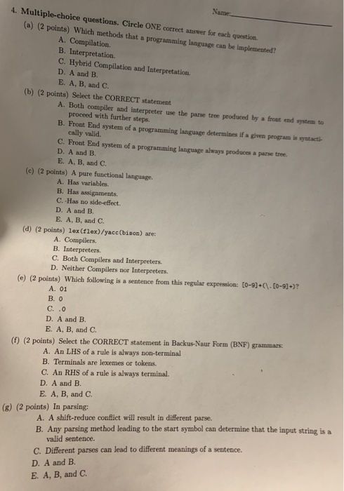 Solved Name 4. Multiple-choice questions. Circle ONE correct | Chegg.com