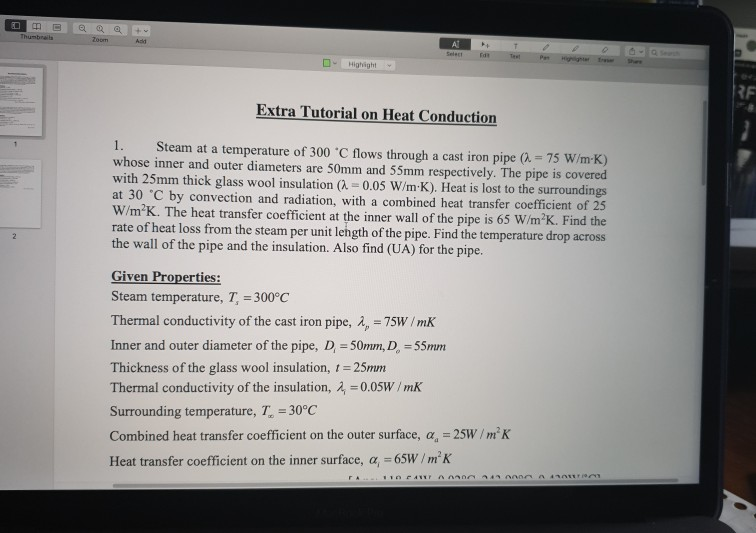 Solved Extra Tutorial on Heat Conduction 1. Steam at a | Chegg.com