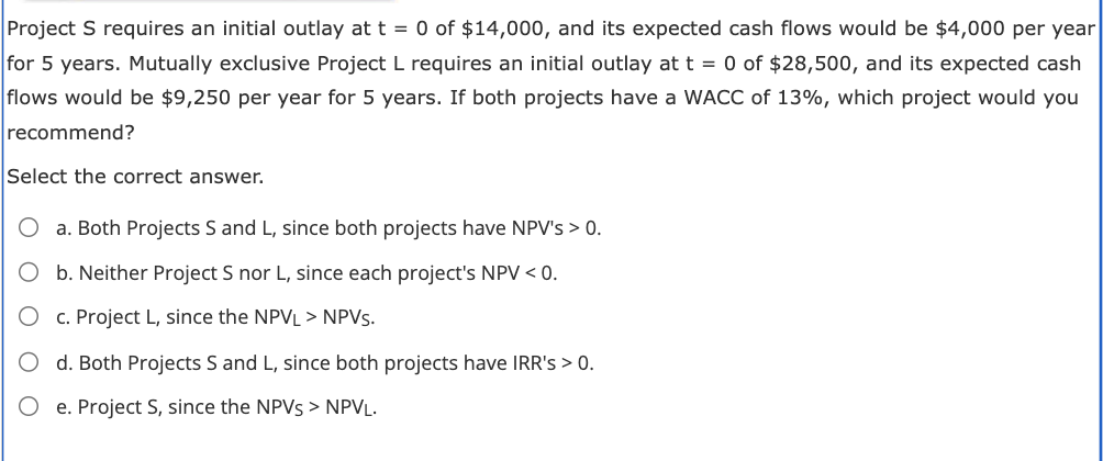 Solved Project S requires an initial outlay at t=0 of | Chegg.com