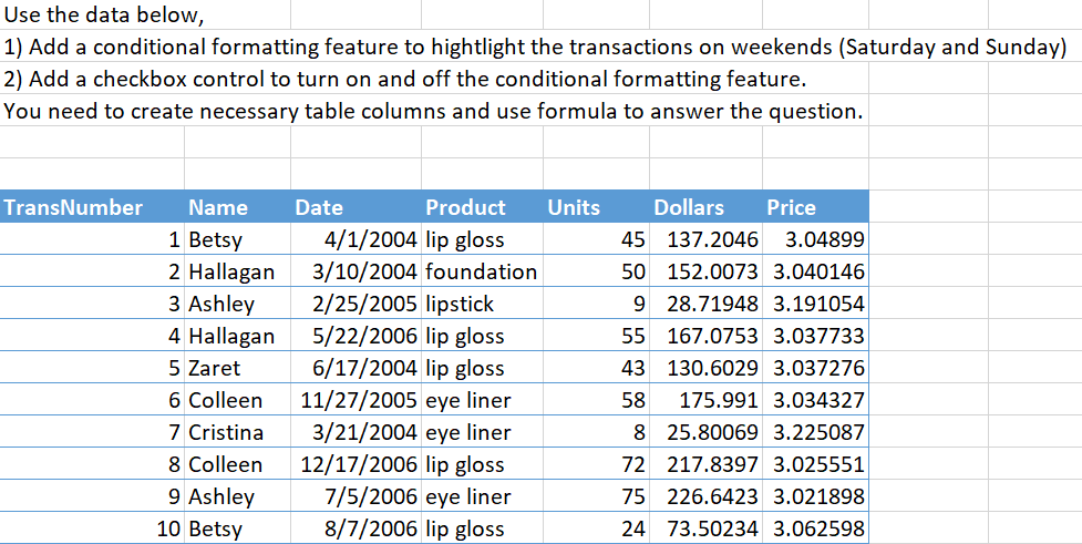 Solved Use the data below, 1) Add a conditional formatting | Chegg.com