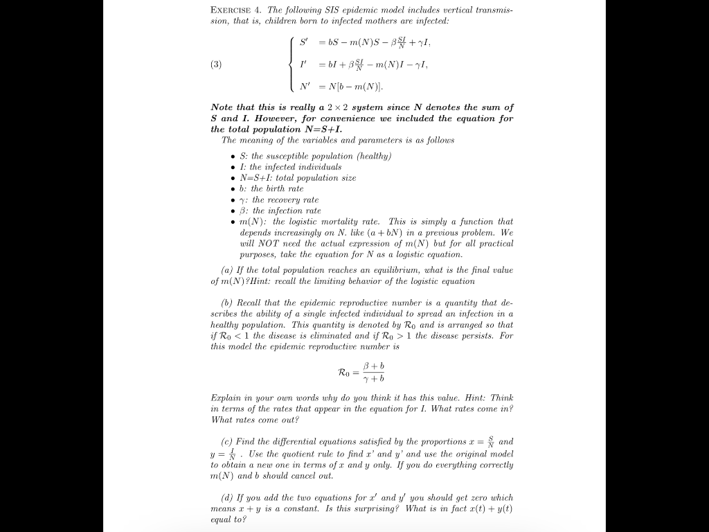 Solved Exercise 4 The Following Sis Epidemic Model Includes