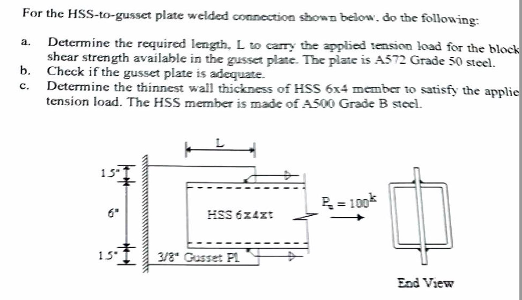 Solved For the HSS-to-gusset plate welded connection shown | Chegg.com