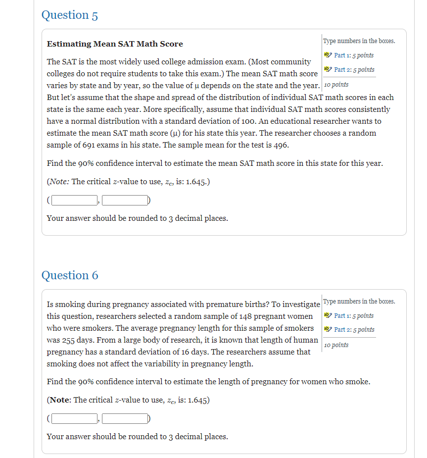 Solved Question 5 Estimating Mean SAT Math Score Type | Chegg.com