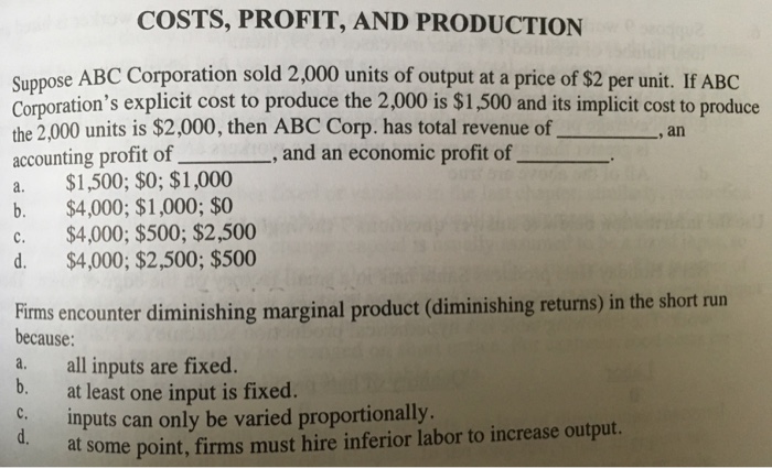 Solved COSTS, PROFIT, AND PRODUCTION Suppose ABC Corporation | Chegg.com Solved COSTS, PROFIT, AND PRODUCTION Suppose ABC Corporation | Chegg.com