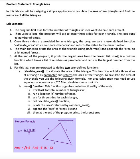 Solved Problem Statement: Triangle Area In this lab you will | Chegg.com