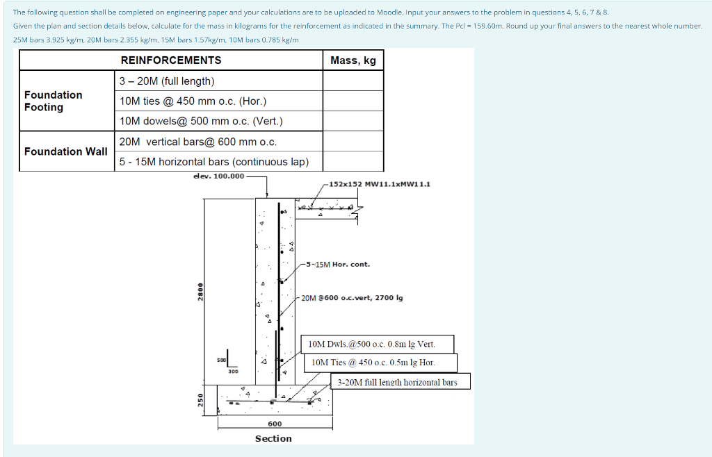 Solved 25M bars 3.925 kg/m,20M bars 2.355 kg/m,15M bars 1.57 | Chegg.com