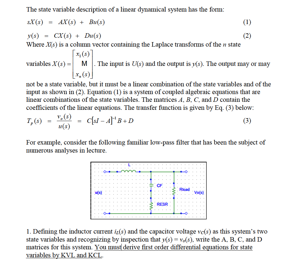 Solved The state variable description of a linear dynamical | Chegg.com