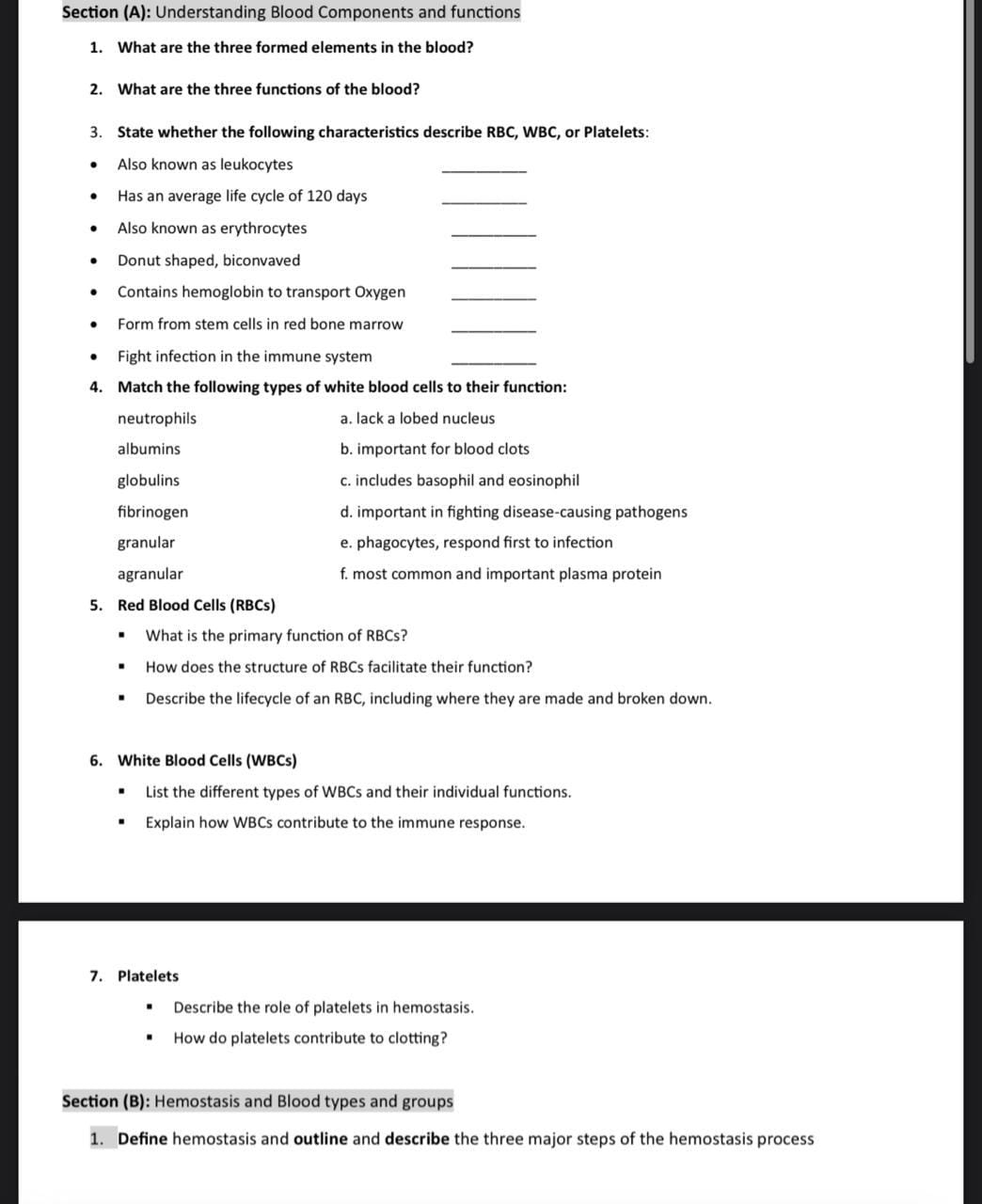 Solved Section (A): Understanding Blood Components and | Chegg.com