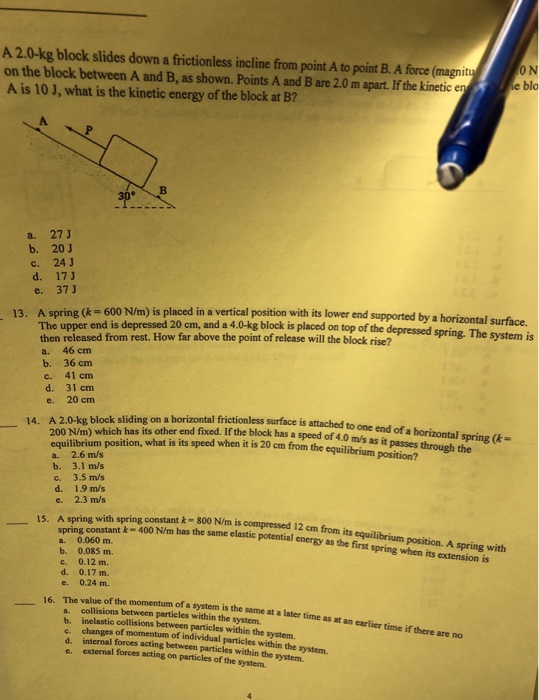 A 2.0-kg block slides down a frictionless incline | Chegg.com