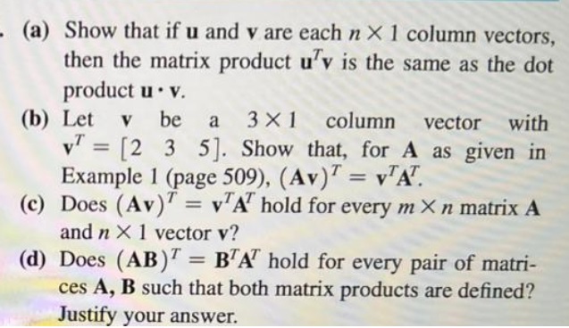 Solved (a) ﻿Show that if u ﻿and v ﻿are each n×1 ﻿column | Chegg.com