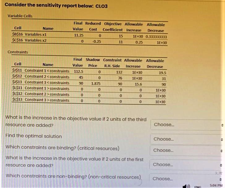 Solved Consider the sensitivity report below: CLO3 Variable | Chegg.com