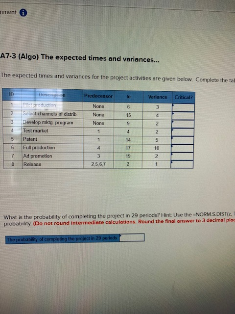 Solved nment A7-3 (Algo) The expected times and variances... | Chegg.com