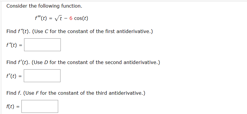 Solved Consider the following function. f′′′(t)=t−6cos(t) | Chegg.com