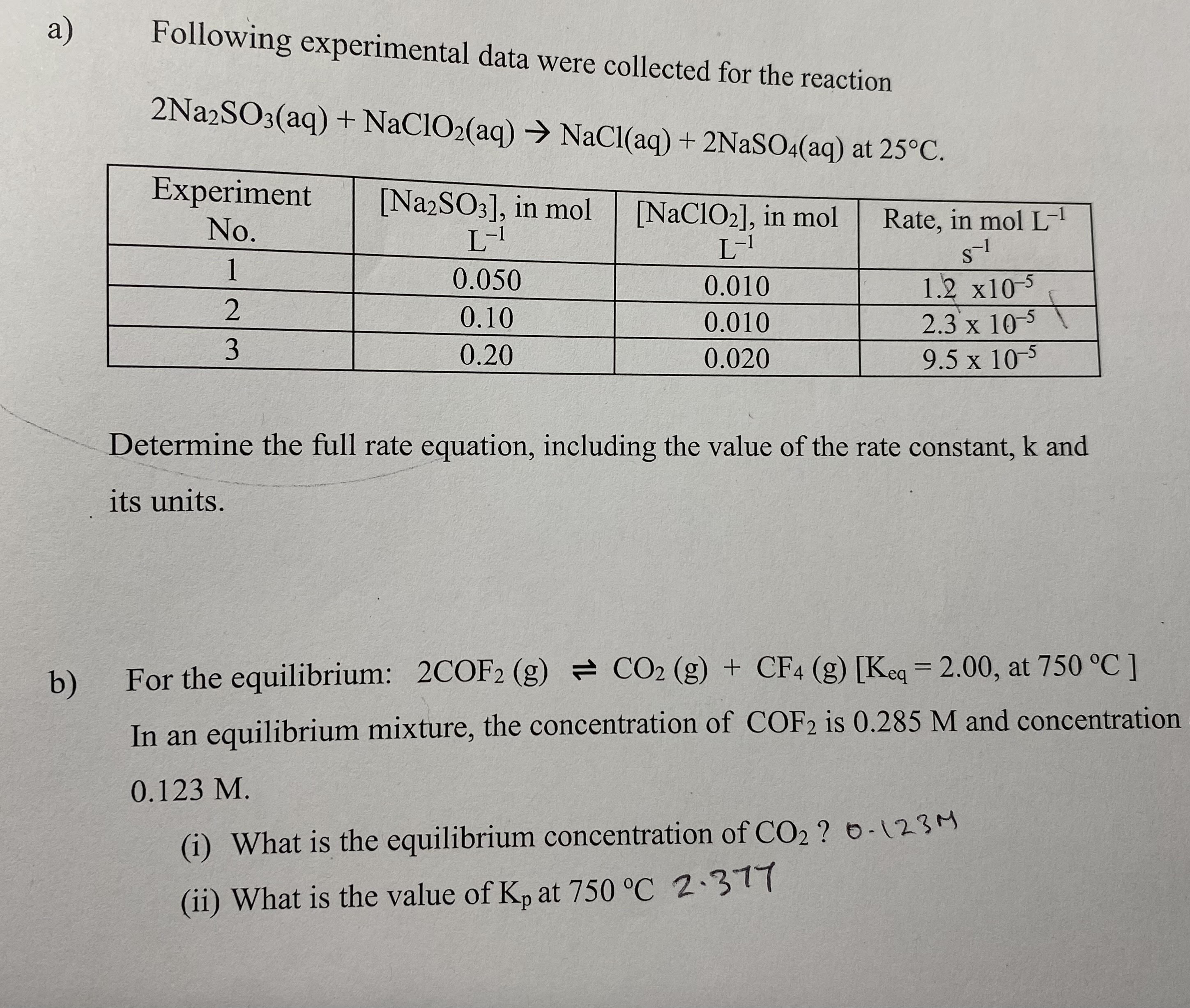 Solved Following experimental data were collected for the | Chegg.com