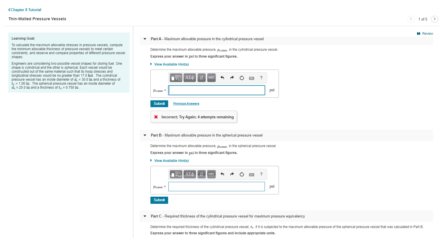 Solved Review Part A - Maximum allowable pressure in the | Chegg.com