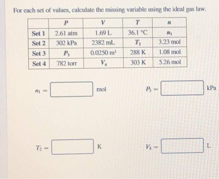 Solved For each set of values, calculate the missing | Chegg.com