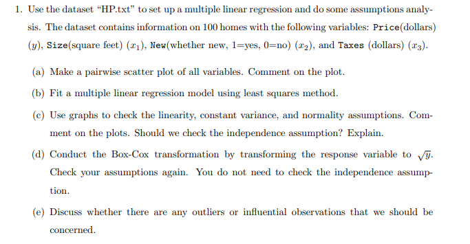 1. Use the dataset "HP.txt" to set up a multiple | Chegg.com