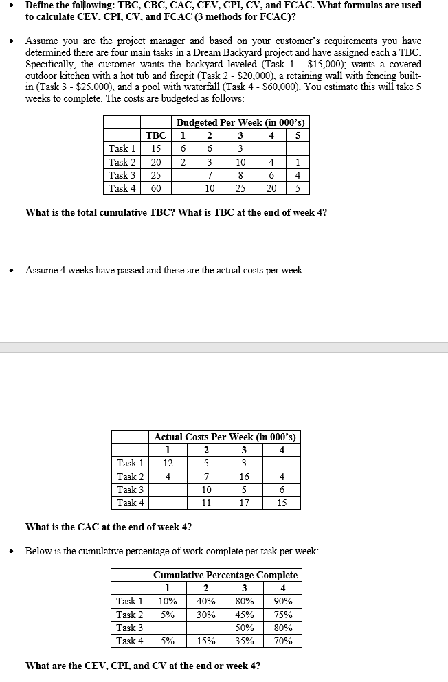 Solved . Define the following: TBC, CBC, CAC, CEV, CPI, CV, | Chegg.com