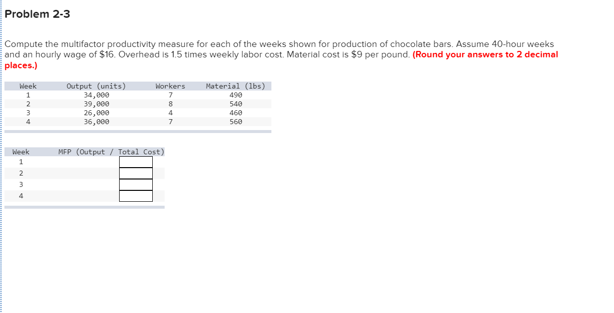Solved Problem 2-3 Compute the multifactor productivity | Chegg.com