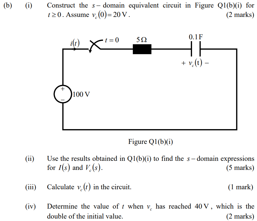 Solved (b) (i) Construct the s-domain equivalent circuit in | Chegg.com