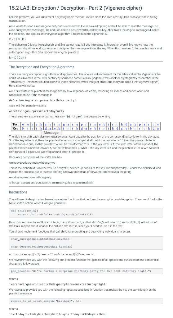 Solved 15.2 LAB: Encryption / Decryption - Part 2 (Vigenere | Chegg.com