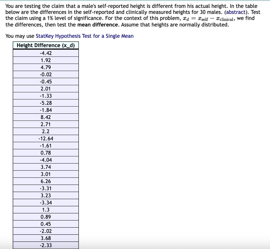 Solved You are testing the claim that a male's self-reported | Chegg.com