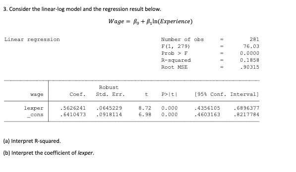 Solved 3. Consider the linear-log model and the regression | Chegg.com
