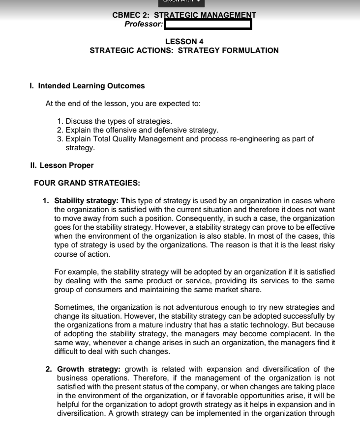 Solved CBMEC 2: STRATEGIC MANAGEMENT Professor: 1 LESSON 4 | Chegg.com